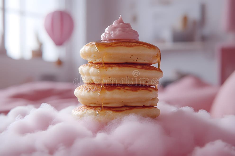 A Stack of Pancakes Floating on a Fluffy Cloud, Dripping with Golden ...