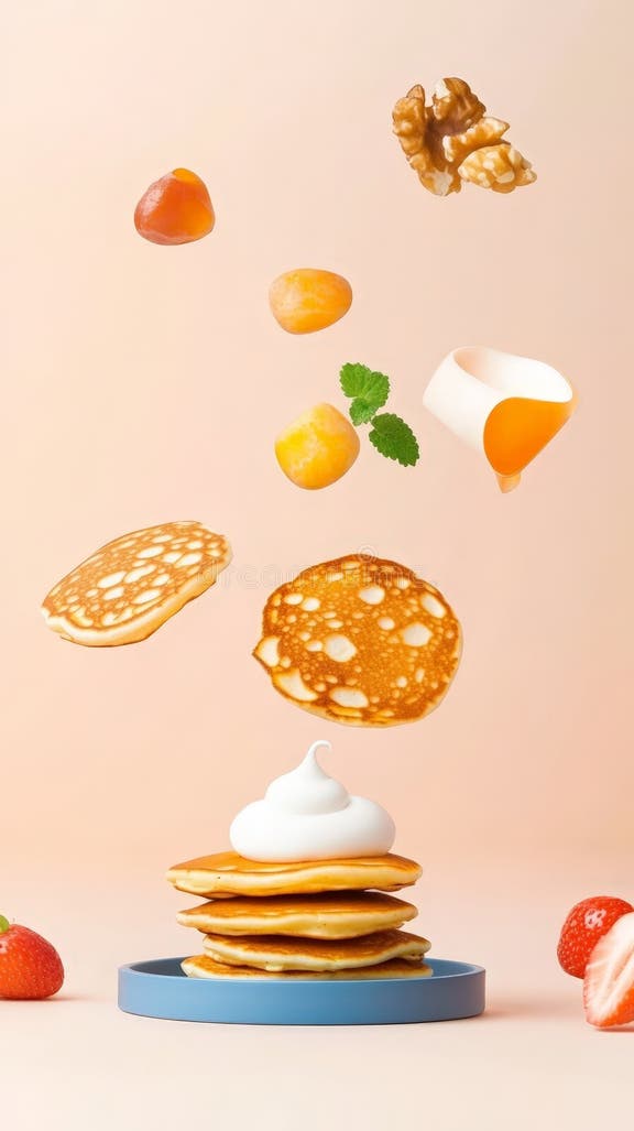 Stack of Pancakes with Floating Nuts, Fruit, and Whipped Cream ...