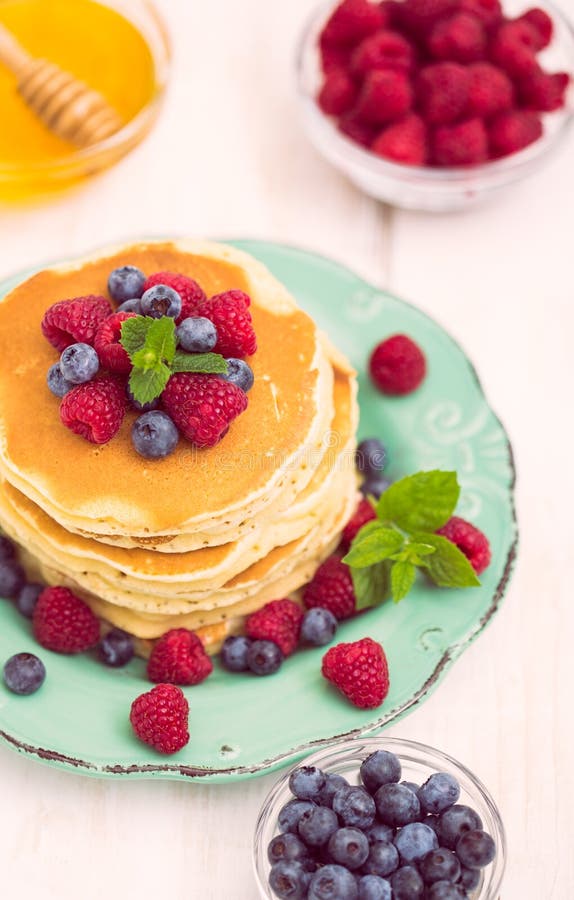 Stack of Pancakes with Fruits Stock Photo - Image of maple, dessert ...