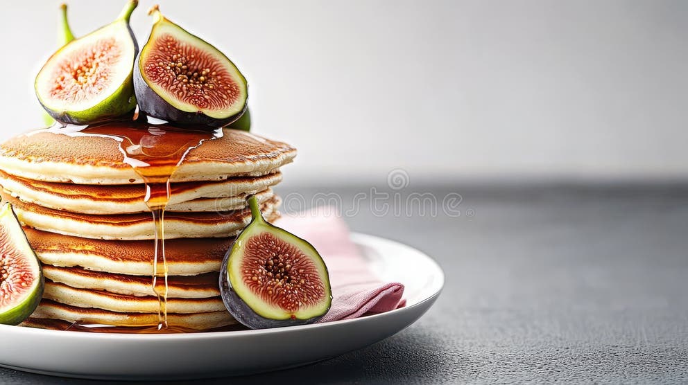 Stack of Pancakes with Fresh Figs and Dripping Syrup on Plate for ...