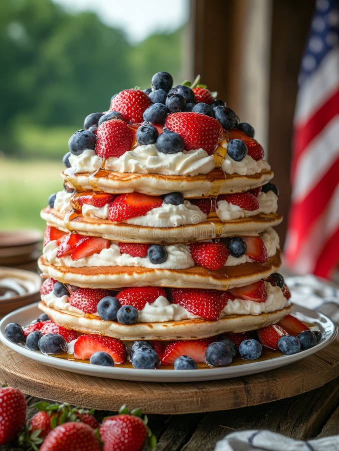 A Stack of Pancakes with Fruit and Cream Outdoors. Stock Photo - Image of textured, colorful ...