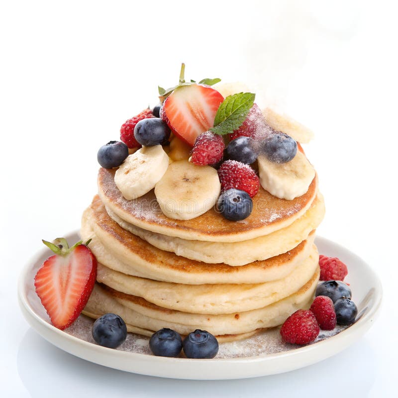 Stack of Pancakes with Fruits Isolated on White Background Stock ...
