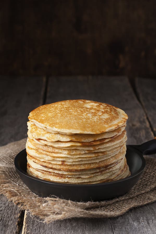 Stack of Pancakes on Frying Pan. Rustic. Stock Image - Image of gourmet ...