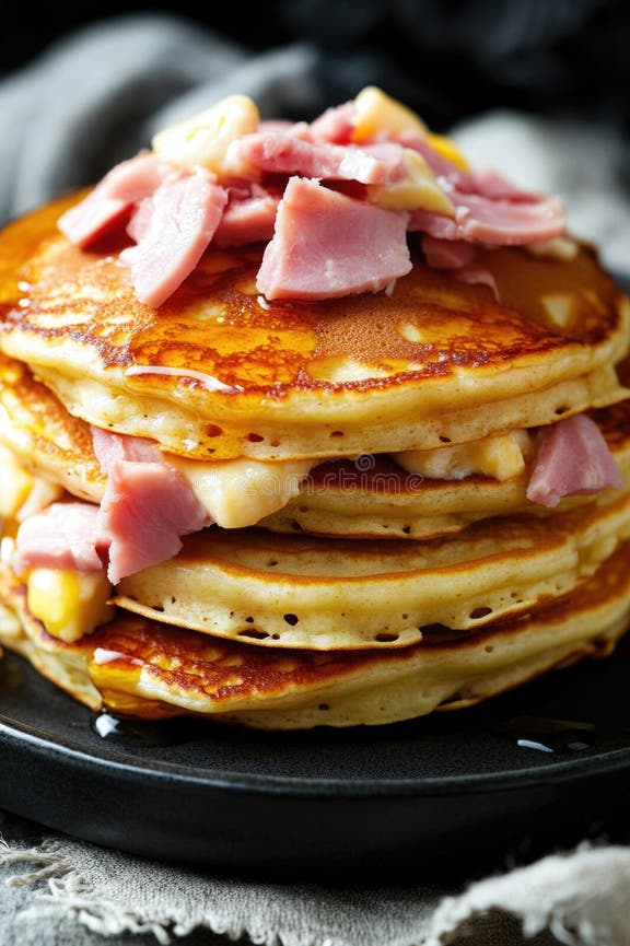 Stack of Pancakes with Ham and Cheese on Top Stock Image - Image of ...