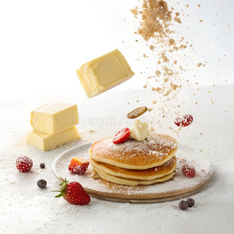 Stack of Pancakes Hit by Maple Syrup Splash with Flying Blueberries ...