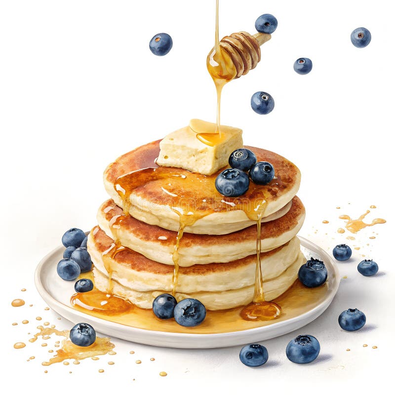 Stack of Pancakes Hit by Maple Syrup Splash with Flying Blueberries ...