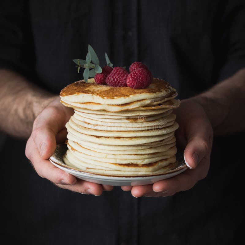 Stack of Pancakes in Man Hands Stock Image - Image of crop, light: 87332241
