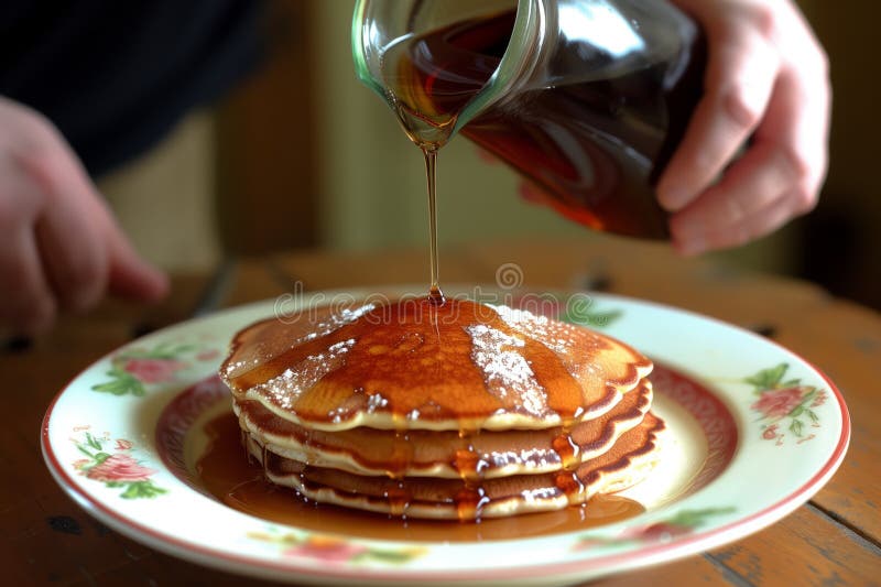 Stack of Pancakes with Maple Syrup Being Poured, Hands Visible Stock ...