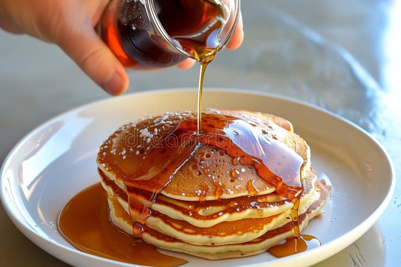 Stack of Pancakes with Maple Syrup Being Poured, Hands Visible Stock ...