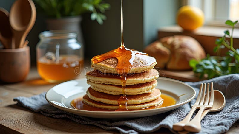Stack of Pancakes with Maple Syrup Drizzle in Cozy Kitchen Setting ...