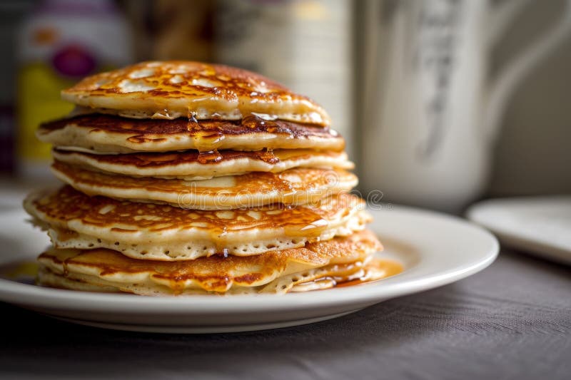 Stack of Pancakes with Maple Syrup on a Light Plate, Grey Background ...
