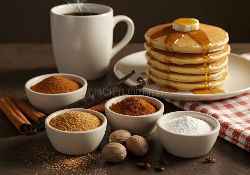 Stack of Pancakes with Maple Syrup and Spices Still Life Stock Photo ...