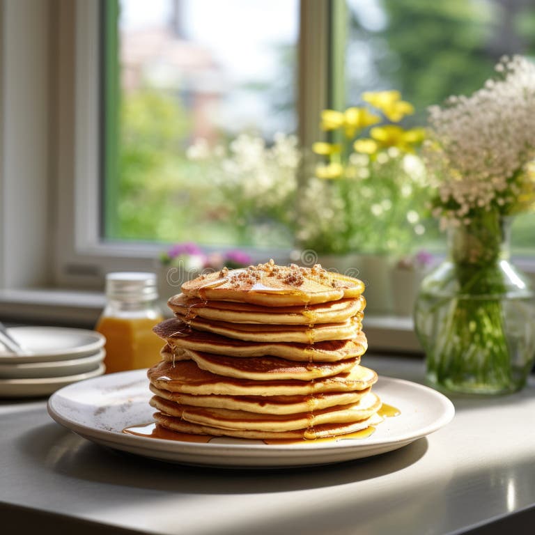 A Stack of Pancakes on a Plate with Honey on the Table in Light Kitchen ...