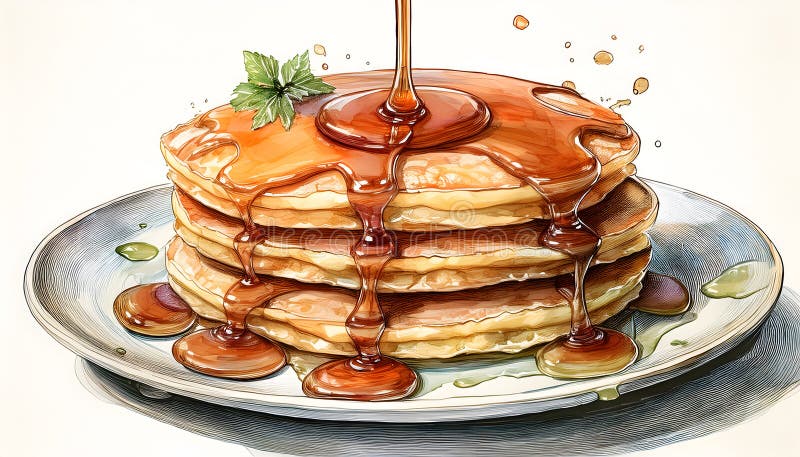Stack of Pancakes on a Plate with Syrup Pouring Over, Rendered in a ...