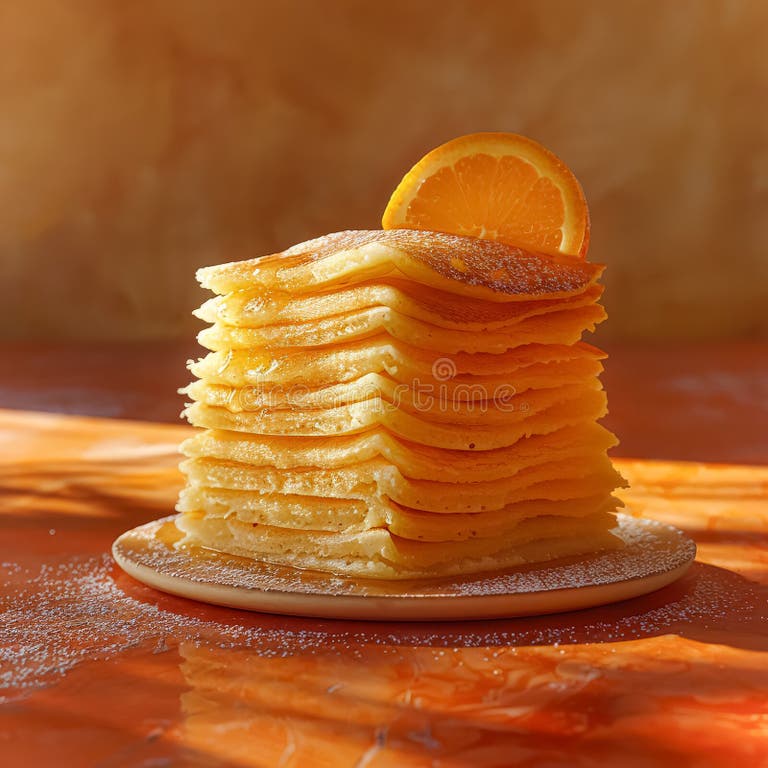 A Stack of Pancakes with Powdered Sugar and an Orange Slice on Top ...