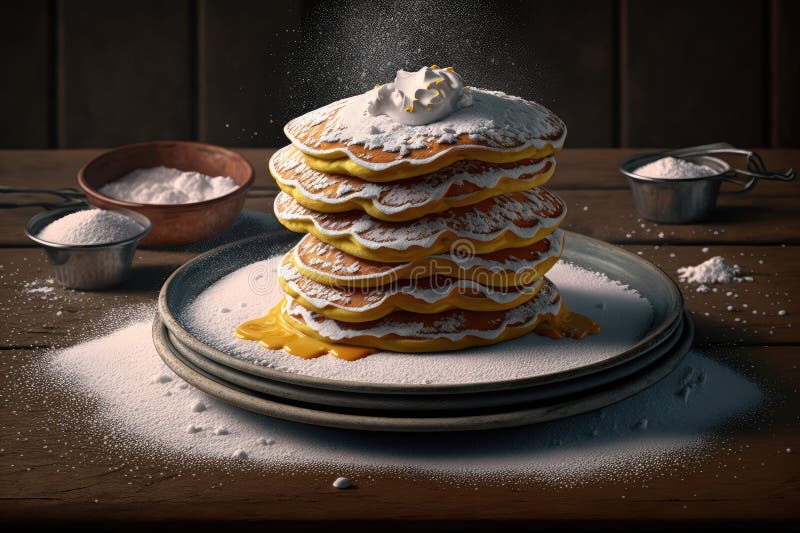 Stack of Pancakes with Powdered Sugar, Sausage and Scrambled Eggs Stock ...