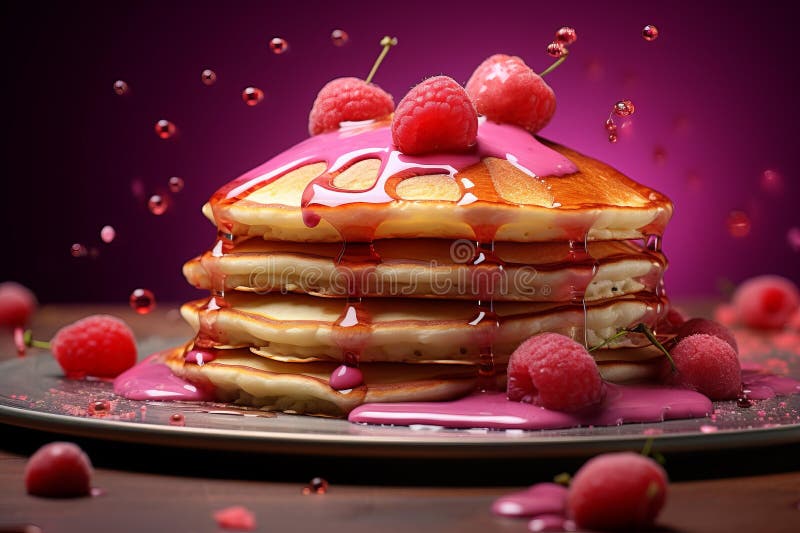 A Stack of Pancakes with Raspberry Syrup and Raspberries Stock ...