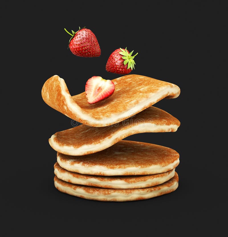 Stack of Pancakes with Strawberries Isolated Black, 3d Illustration ...