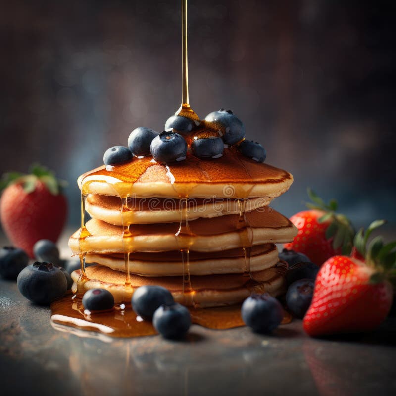 Stack of Pancakes with Syrup and Berries on a Dark Background Stock ...