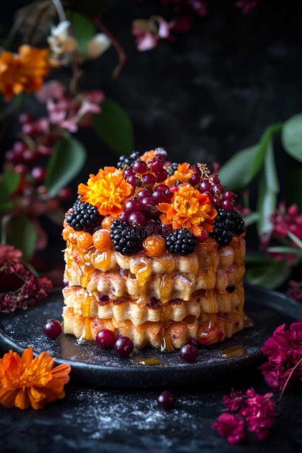 A Stack of Pancakes with Syrup and Berries, with a Side Space for a ...