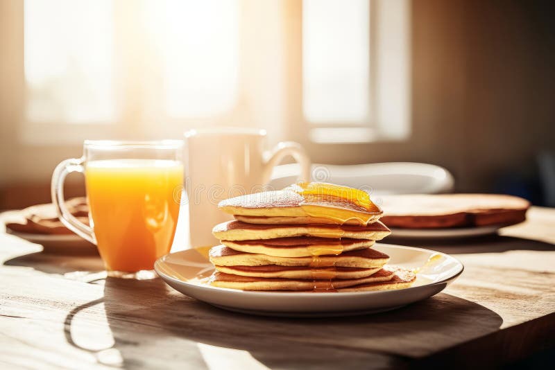 Stack of Pancakes with Syrup and a Glass of Orange Juice for Breakfast ...