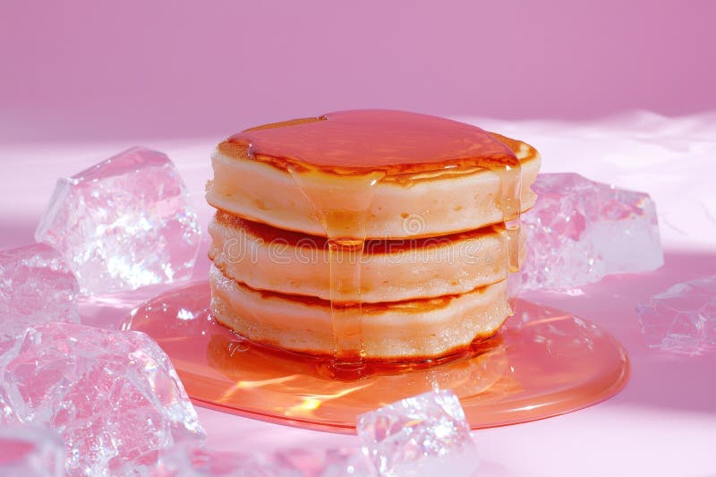Stack of Pancakes with Syrup and Ice Rocks on a Pink Background. Stock ...