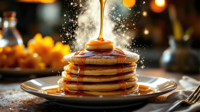 Stack Pancakes Syrup Pour Cozy Breakfast Setting Stock Photos - Free ...