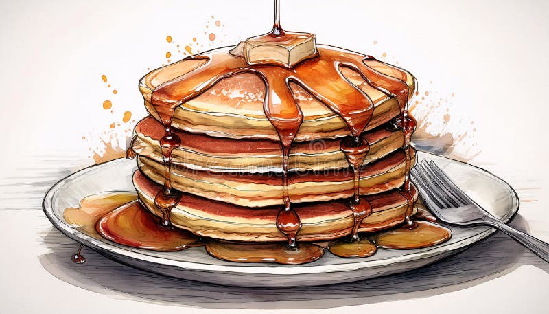 Stack of Pancakes with Syrup Pouring Over, in a Stylized Digital Art ...
