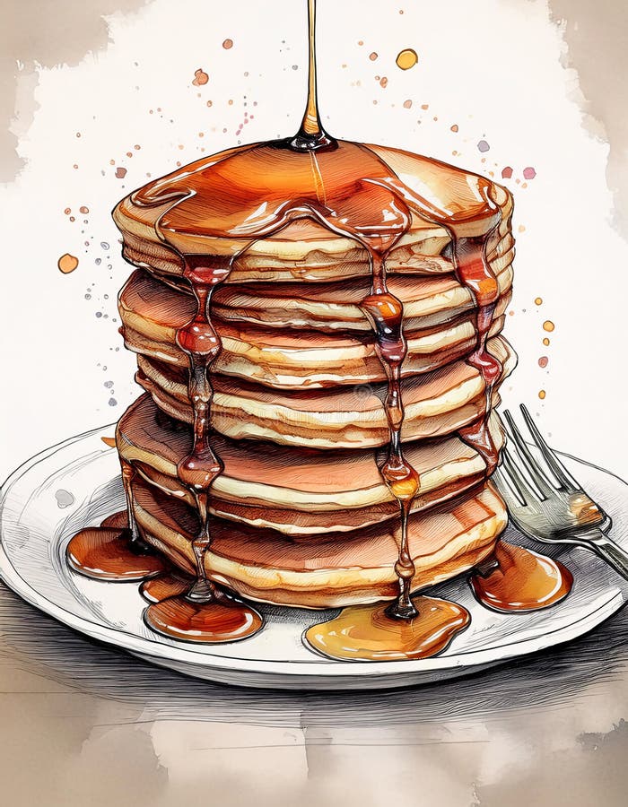 Stack of Pancakes with Syrup Pouring Over, in a Stylized Digital Art ...
