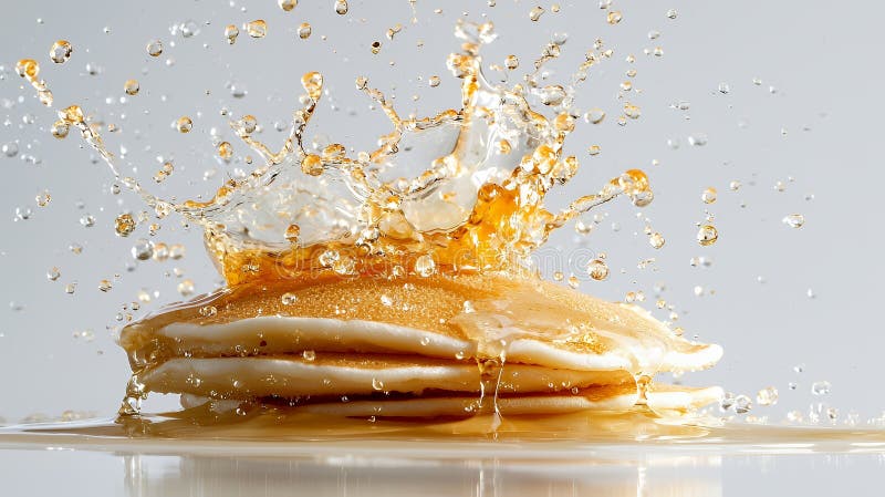 Stack of Pancakes with Syrup Splash and Droplets on White Surface Stock ...