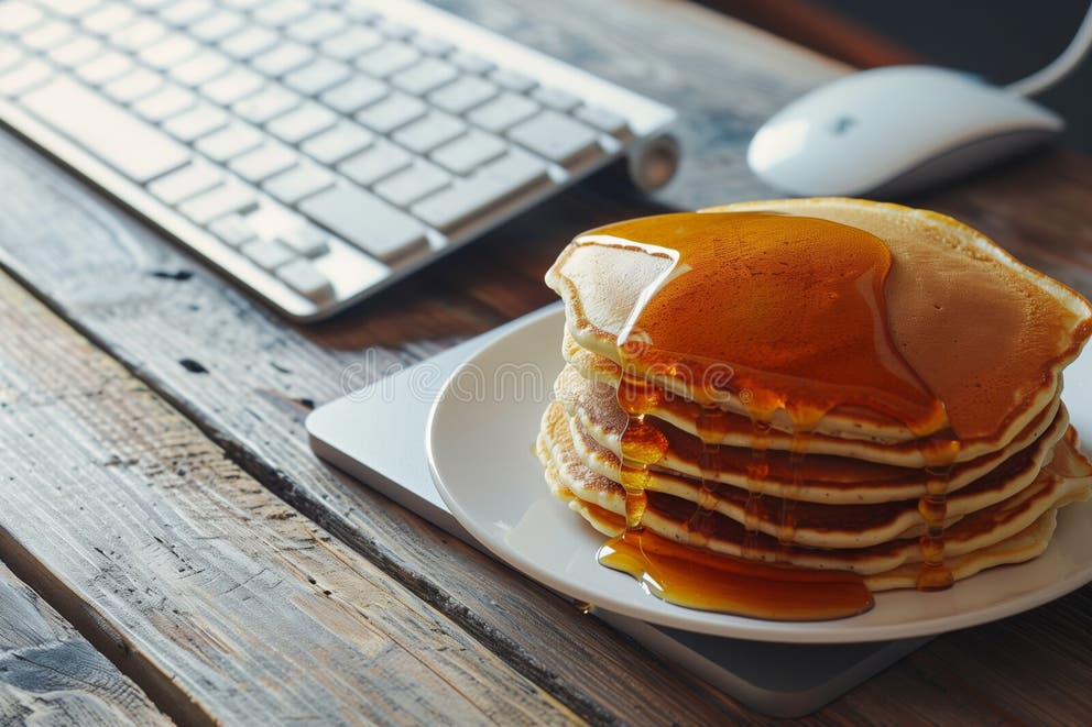 Stack of Pancakes with Syrup beside a Wireless Keyboard and Mouse Stock ...