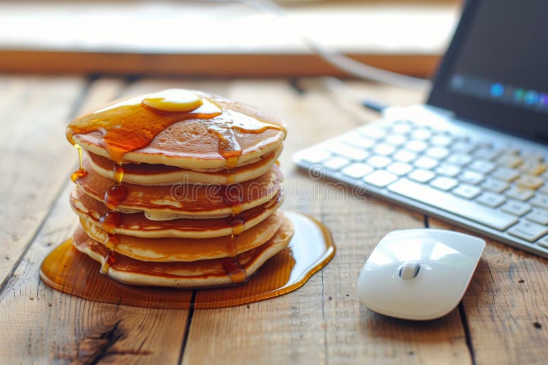 Stack of Pancakes with Syrup beside a Wireless Keyboard and Mouse Stock ...