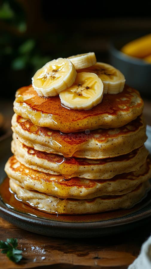 A Stack of Pancakes Topped with Sliced Bananas on a Plate Stock Photo ...