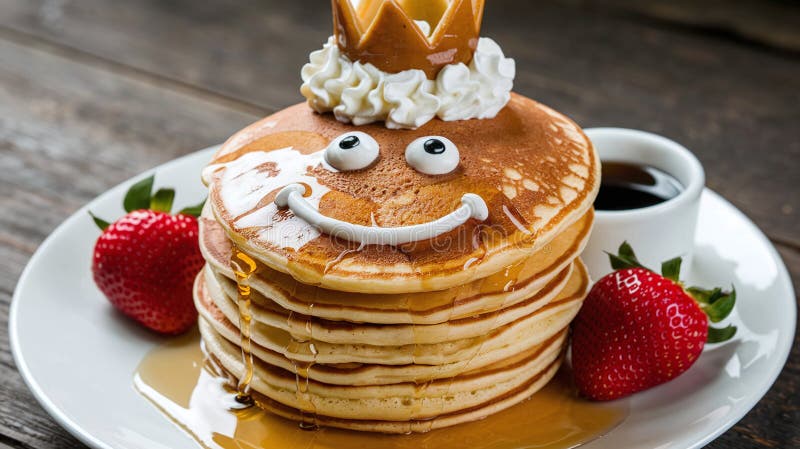 Stack of Pancakes with Whipped Cream Crown Syrup Smiley Face and Fresh ...