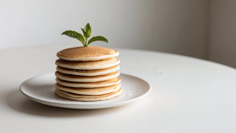 A Stack of Pancakes on a White Plate with a Mint Leaf on Top. Stock ...