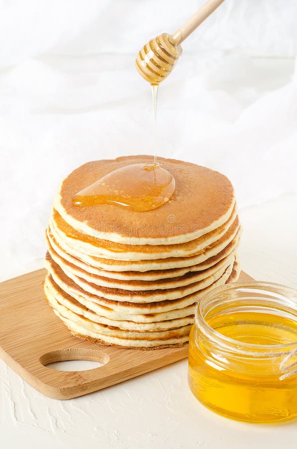 Stack of Pancakes on a Yellow Plate with Honey Stock Image - Image of ...