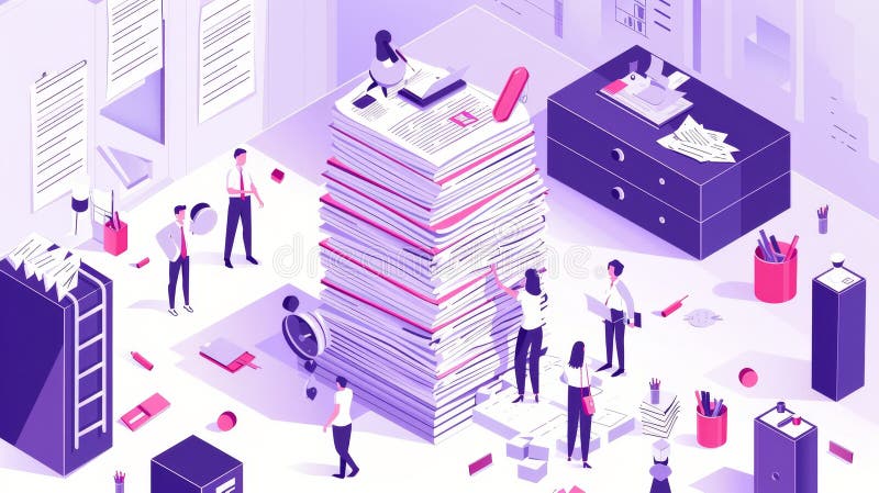 Stack of Paper Docs, Stamps, and Stationery Surrounded by Tiny Business ...