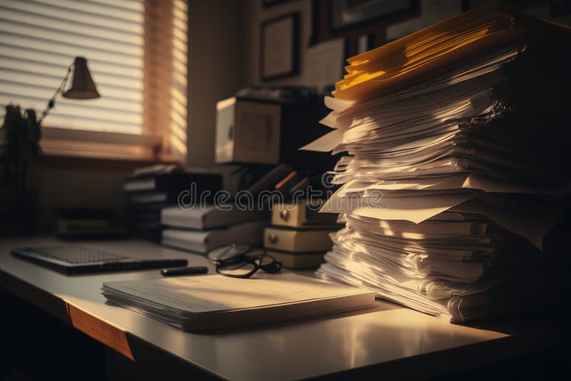 Stack of Paper Documents on a Work Table with Warm Lighting in the ...