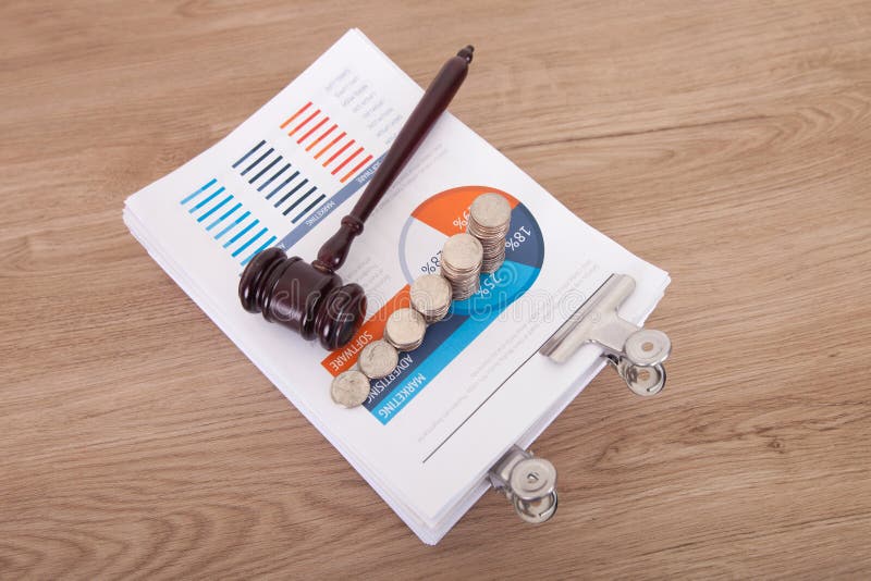 Stack Paper Financial Documents Hammer Row Dollar Coins Stock Photos ...