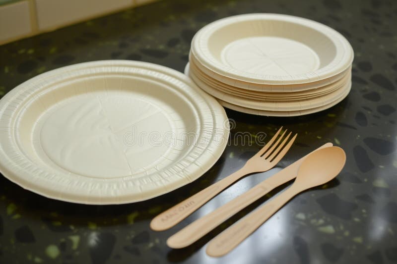 Stack of Paper Plates beside Disposable Cutlery on a Table Stock Photo ...
