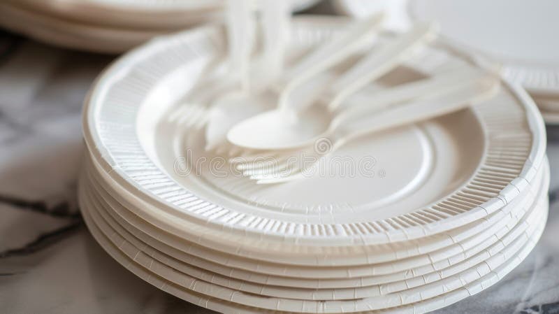 A Stack of Paper Plates and Plastic Utensils Ready To Be Used for the ...