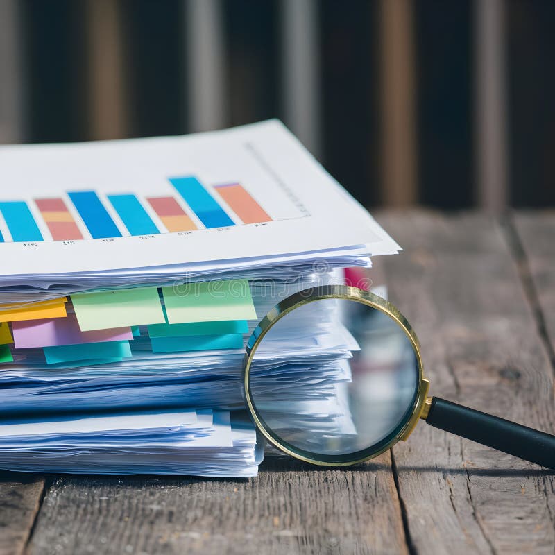 Stack of Papers with Bar Chart, Magnifying Glass, Blurred Background ...