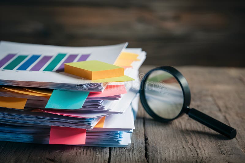 Stack of Papers with Bar Chart, Magnifying Glass, Blurred Background ...
