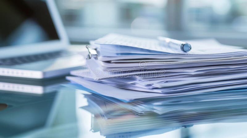 A Stack of Papers on a Clear Glass Desk Next To a Laptop Computer Stock ...