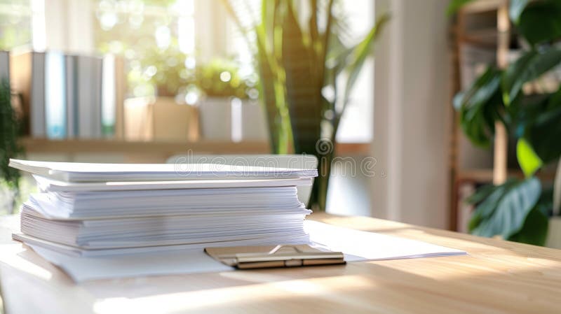 Stack of Papers and Clipboard on White Office Desk with a Potted Plant ...
