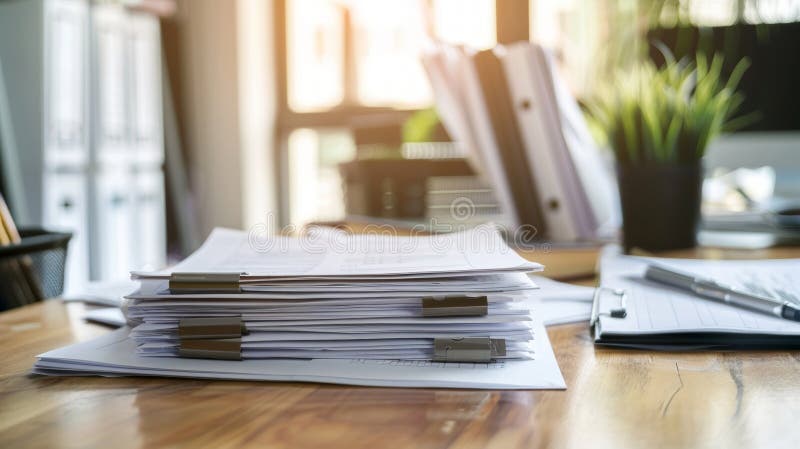 Stack of Papers and Clipboard on White Office Desk with a Potted Plant ...