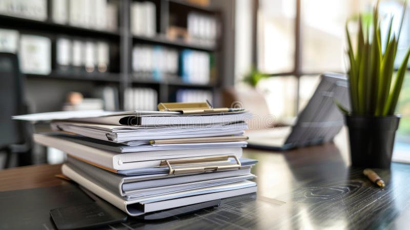 A Stack of Papers and a Clipboard on a Wooden Desk in an Office Setting ...
