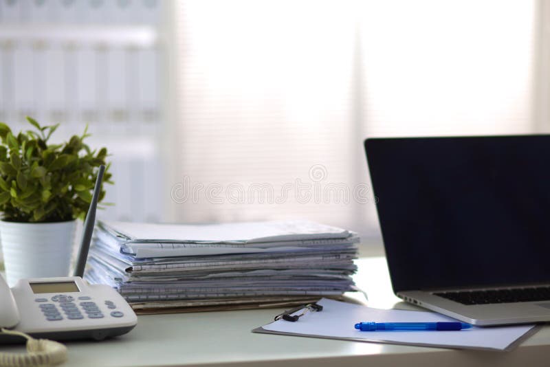 Stack of Papers on the Desk with Computer Stock Photo - Image of ...