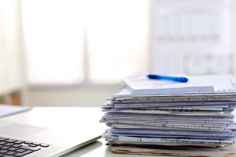 Stack of Papers on the Desk with Computer Stock Image - Image of ...