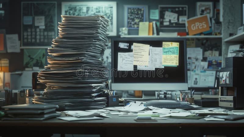 A Stack of Papers is on a Desk by a Computer and a GPS Sign Stock Image ...